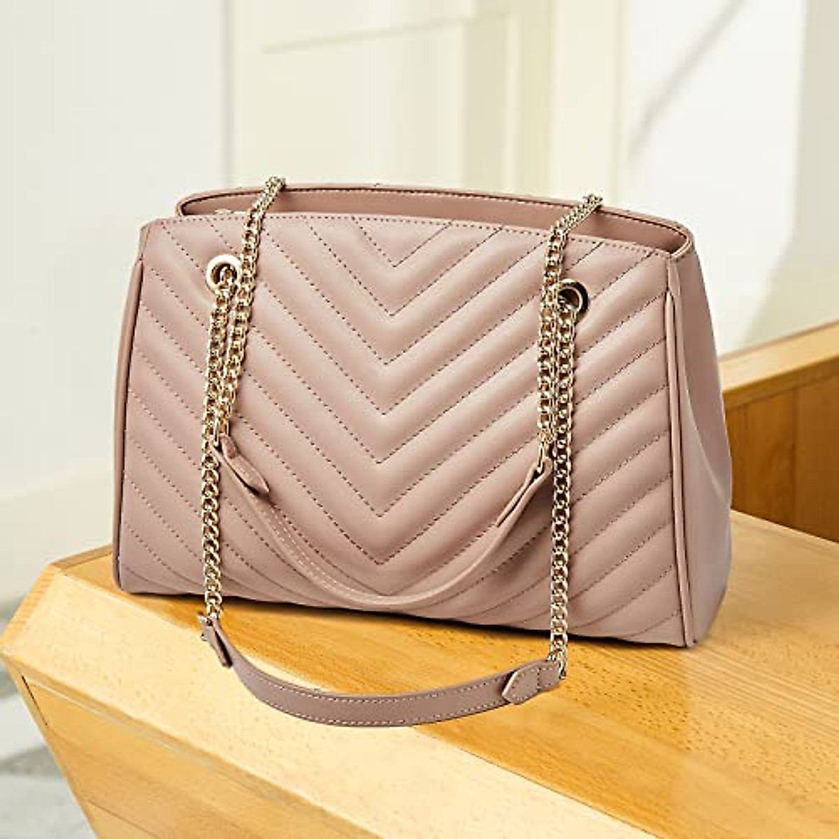 FOXLOVER Geniune Leather Tote Bags for Women, Ladies Medium Designer Shoulder Purse Quilted Handbag with Chain Strap (Apricot)