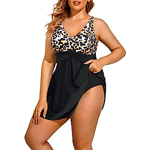 Holipick Plus Size Swim Dress Women - Leopard One Piece Swimsuit with Skirt V Neck Tummy Control Bathing Suit 22W