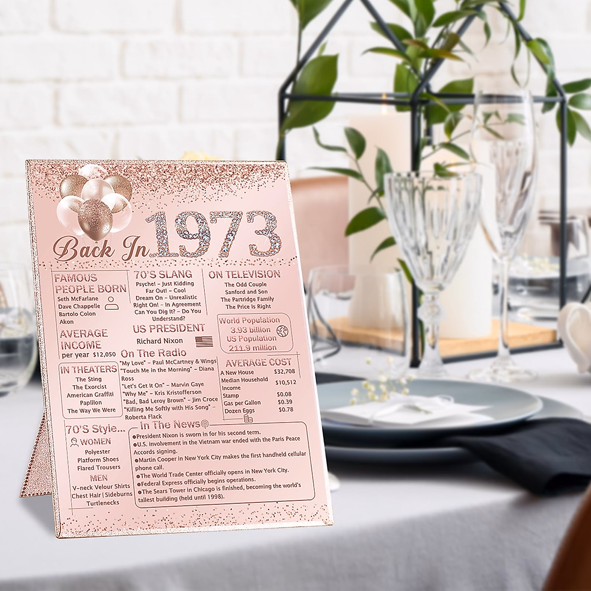 Vlipoeasn Pink 51st Birthday Anniversary Table Decoration 1973 Poster for Women, Rose Gold Back in 1973 Table Sign with Stand, 51 Year Old Birthday Party Centerpieces Gift Supplies