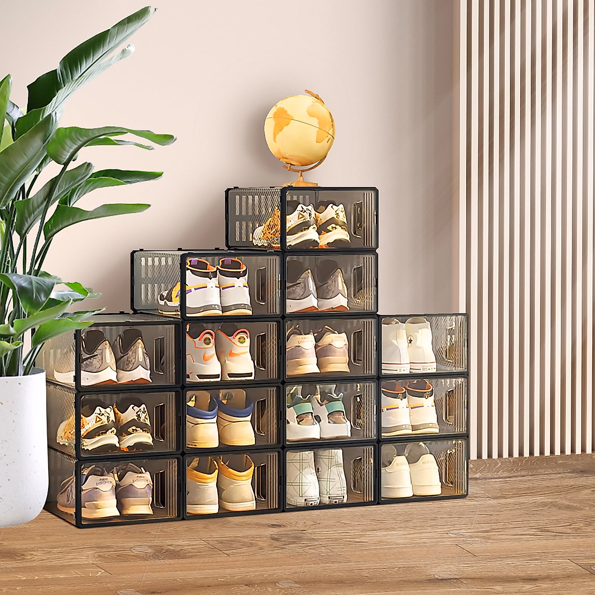 AISNDYOG Shoe Storage Box, 15 Pack Large Clear Plastic Black Stackable Shoe Organizer for Closet, Space Saving Foldable Shoe rack,Substitute for Drawer Organize Unit