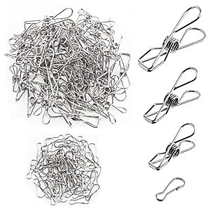 Rustark 145Pcs Stainless Steel Clothespin Clips with Spring Hooks Assortment Kit Heavy Duty Multipurpose Metal Wire Utility Clips Windproof Clothes Pegs for Outdoor Clothesline Home Kitchen