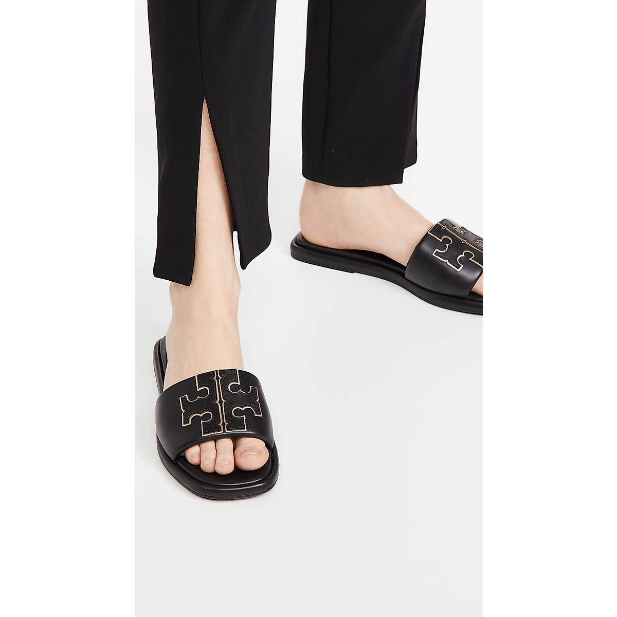 Tory Burch Women's Double T Sport Slides, Perfect Black/Gold, 7 Medium US