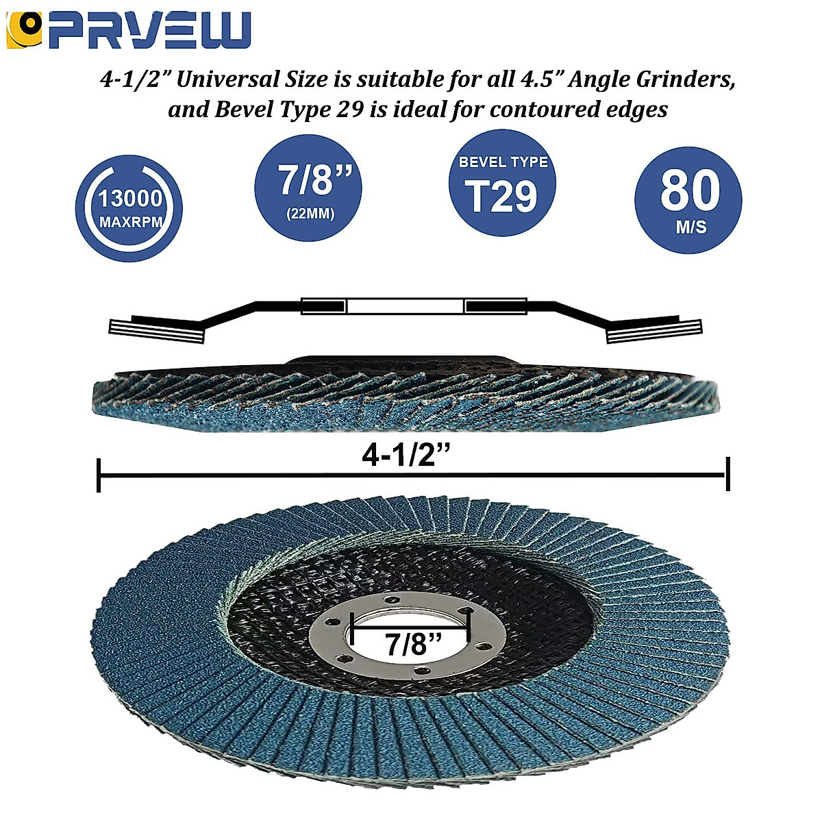 PRVEW Flap Discs 4 1/2 Inch, 5-Pack 4.5" x 7/8" T29 Premium Zirconia Abrasive Grinding Wheels, 40/60/80/120 Assorted Grits Flap Sanding Disc for Metal,Stainless Steel