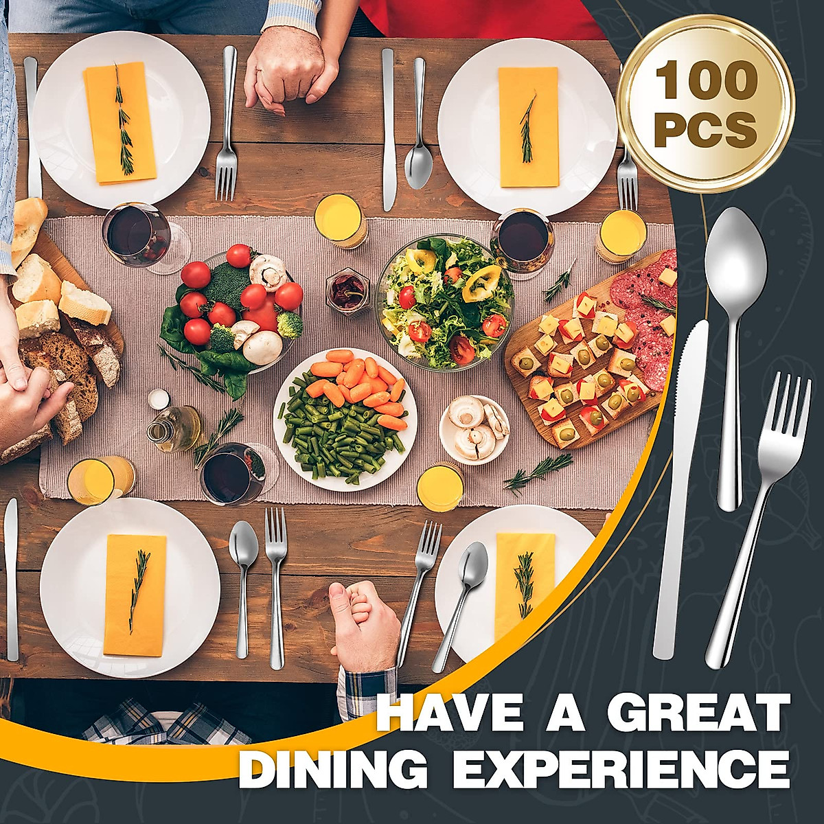 BBTO 100 Pcs Silverware Set for 33 Stainless Steel Flatware Set Mirror Polished Kitchen Utensils Cutlery Set with Square Edge Include 33 Knife 34 Fork 33 Spoon Tableware Set for Home, Dishwasher Safe