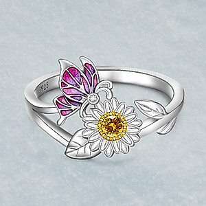 Fenthring Daisy Ring Butterfly Gifts for Women Flower Jewelry Sunflower Sterling Silver Engagement Dainty Cubic Zirconia Cute Rings Size 7