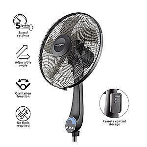 Air Monster 16" 5-Blade, 5 Speed Adjustable Height Ultra Powerful Quiet Oscillating Standing Pedestal Fan with Remote Control, 7.5 Hour Timer, Stand Fan for Bedroom, Black