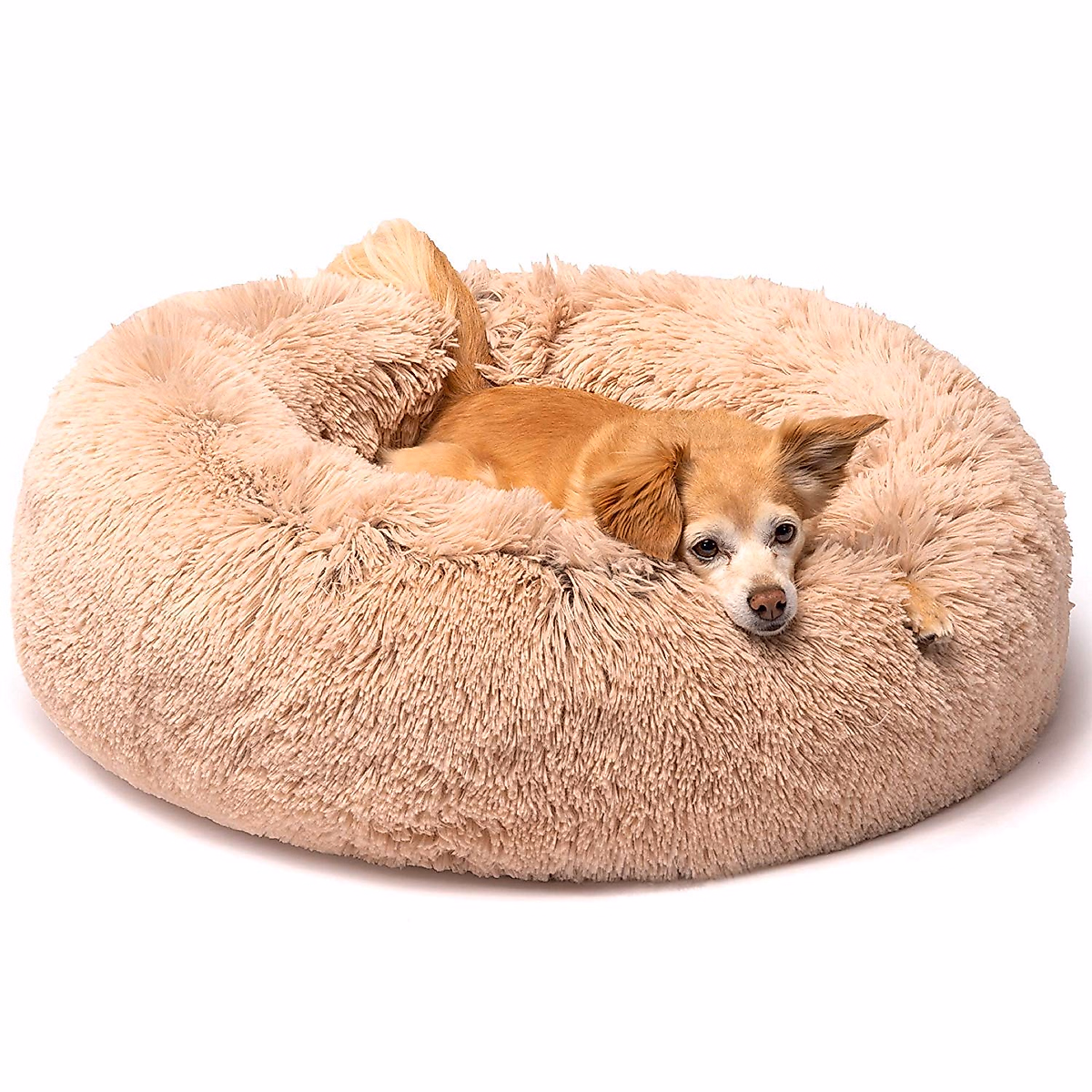 Friends Forever Donut Dog Bed Faux Fur Fluffy Calming Sofa For Small Dogs, Soft & Plush Anti Anxiety Pet Couch For Dogs, Machine Washable Coco Pet Bed with Non-Slip Bottom, 23"x23"x6" Tan