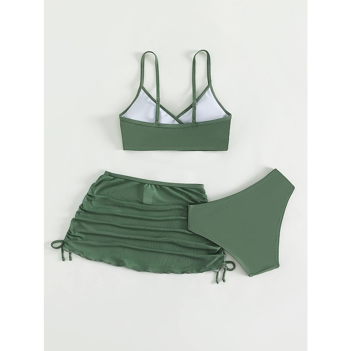 COZYEASE Girls' 3 Piece Plain Swimsuit Wrap Bikini with Ruched Cover Up Skirt Set Olive Green 9Y