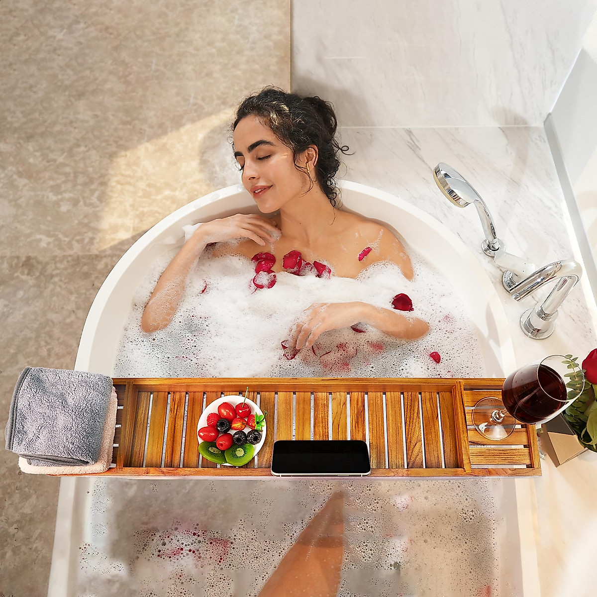 VaeFae Teak Bathtub Tray, Wooden Bath Caddy Tray for Bathtub, Bath Tub Wood Tray Table for Tub