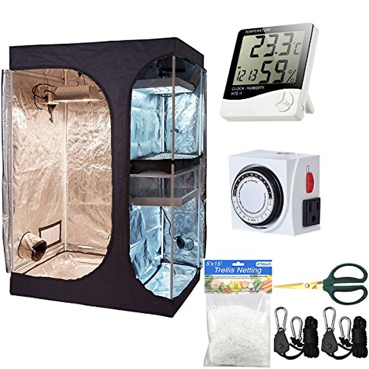 BloomGrow 36''x24''x53'' 2-in-1 Grow Tent Room w/Waterproof Floor Tray + Grow Light Hanger + Digital Hygrometer + Bonsai Shears + 24 Hour Timer + Trellis Netting Indoor Grow Tent Kit