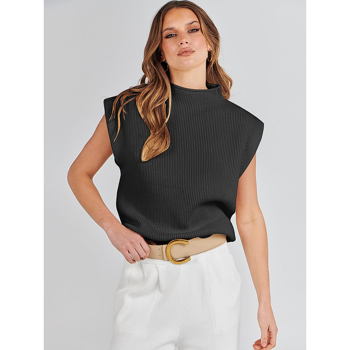 ANRABESS Women's Mock Neck Sleeveless Sweater Vest Casual Cap Sleeve Knit Pullover Tank Tops 2025 Spring Summer Clothes Black-M