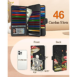 Bistup 【46 Slots Credit Card Holder for Women Ladies Female Teen Girls Rfid Genuine Leather Cardholder Large Capacity Size Big Billfold Wallets Skeleton Mushroom Cute Girly Aesthetic Print Unique