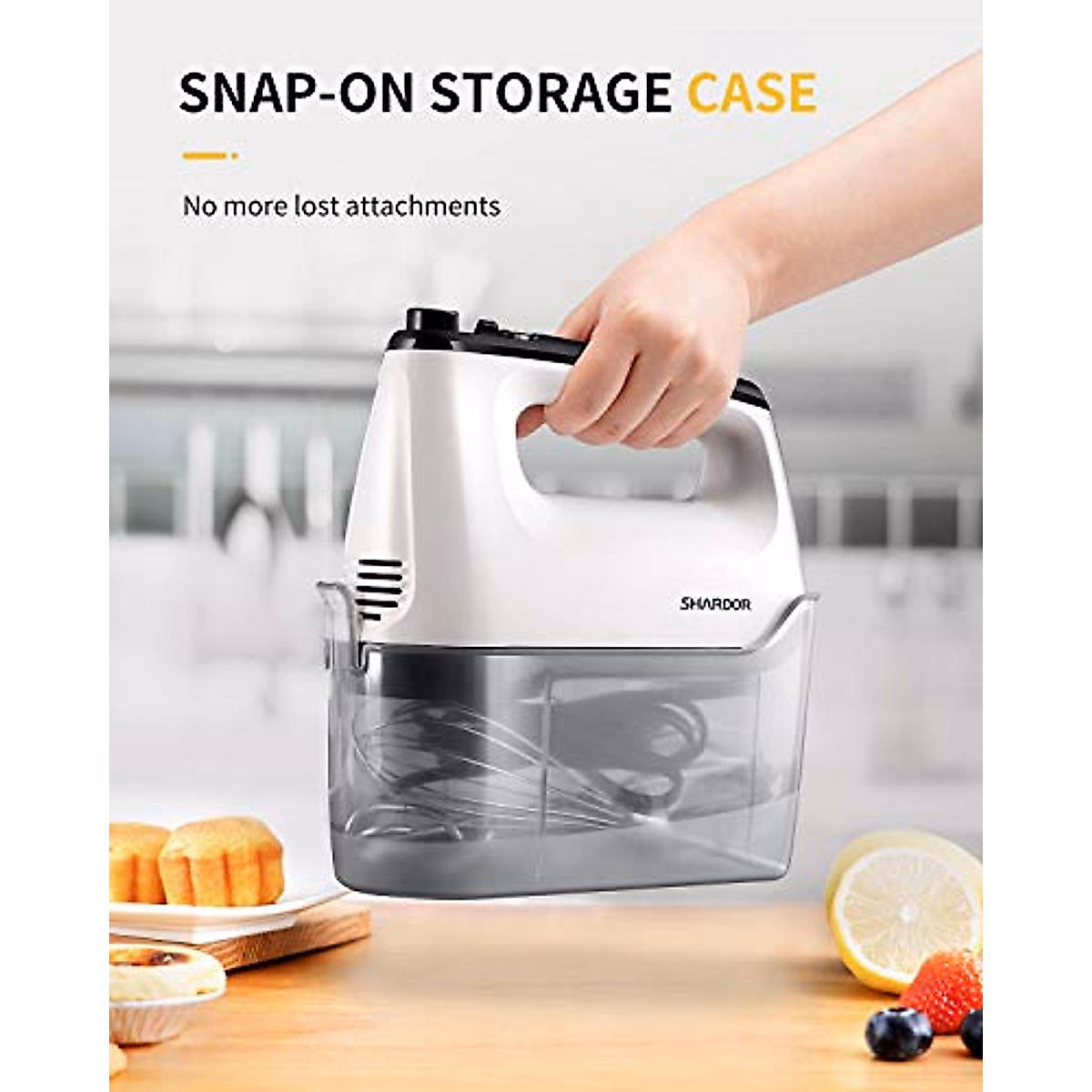 SHARDOR Hand Mixer Electric, 6 Speed & Turbo Handheld Mixer with 5 Stainless Steel Accessories, Electic Mixer for Whipping, Mixing Cookies, Brownie, Cakes, Dough Batters, Snap-On Storage Case, White