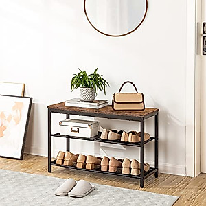 HOOBRO Shoe Bench, 3-Tier Shoe Rack, Industrial Shoe Organizer Storage Bench, 29.5 inches Entry Bench with Mesh Shelves, for Entryway, Living Room, Hallway, Easy Assembly, Rustic Brown BF75HX01