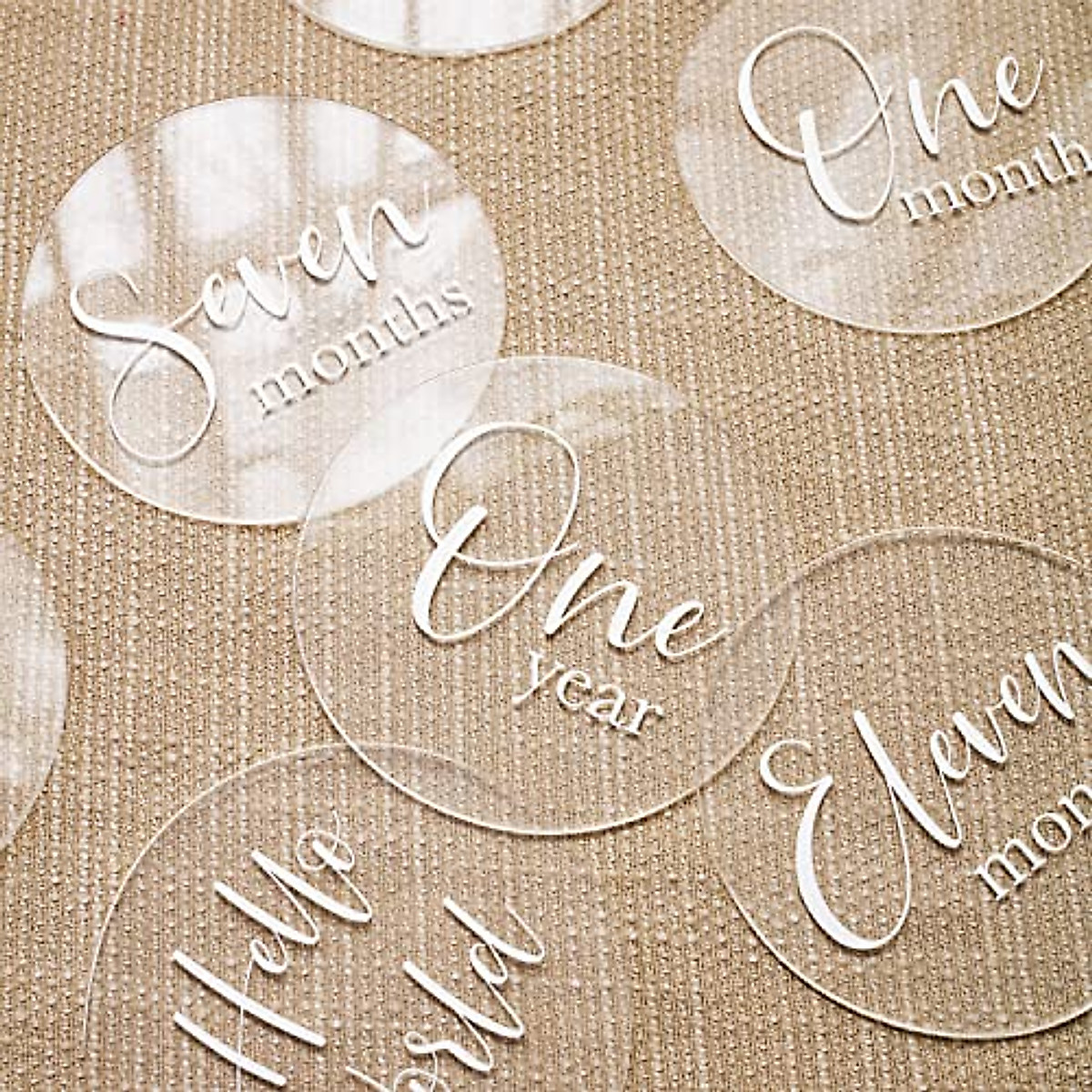 UNIQOOO Acrylic Monthly Baby Milestone Printed Cards, Photo Props, Baby Growth Photography, Round 13 Discs (One Month to One Year & Hello World Card, 4 inches, Clear)