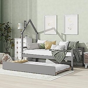 Twin Platform Bed with Trundle, Wooden House-Shaped Headboard Bed with Guardrails, Daybed Frame with Sturdy Slat Support for Kids Boys Girls Bedroom (Grey 06)