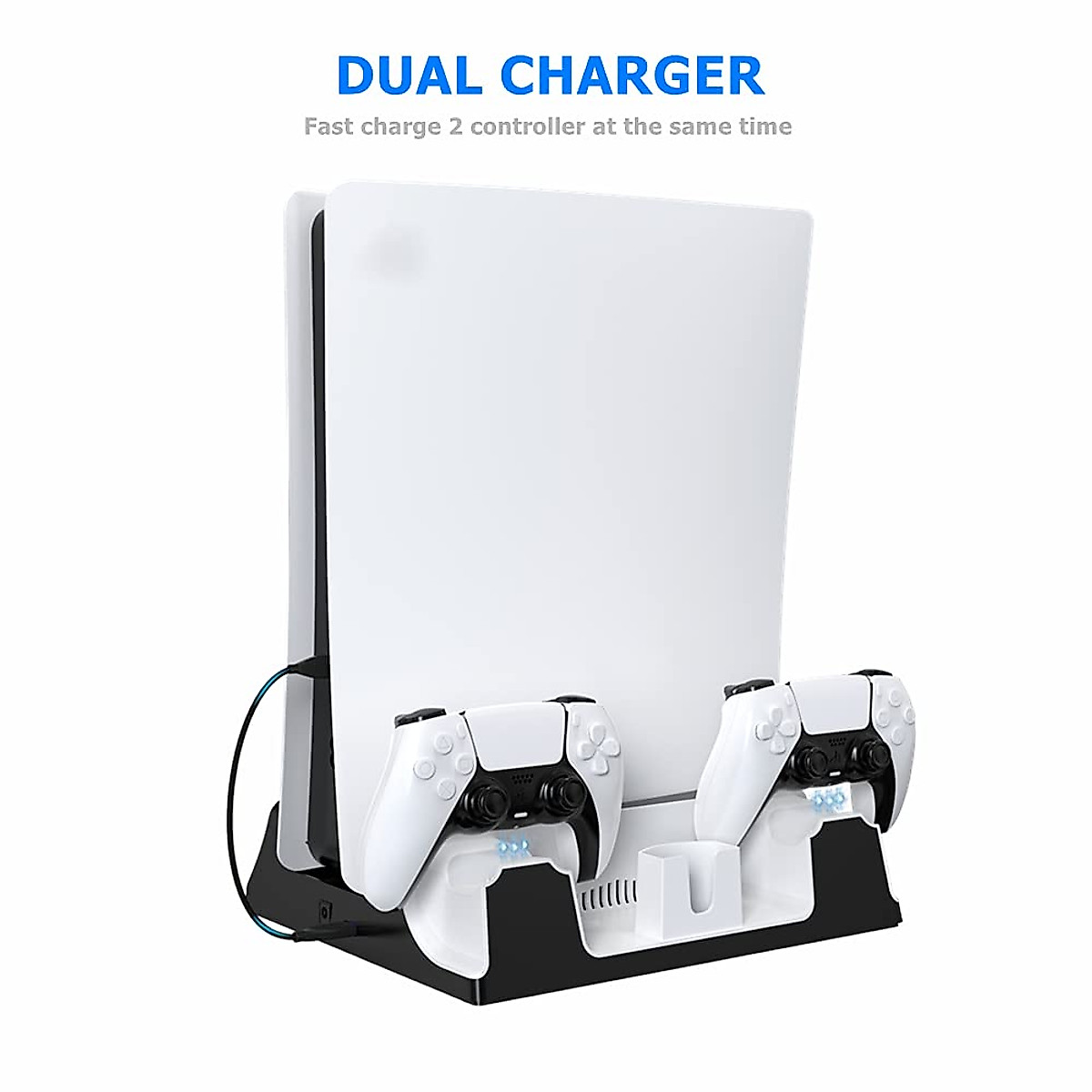 EJGAME Stand with Suction Cooling Fan and Dual Controller Charger Station Compatible with PS5 Console and PS5 Digital Edition, Built-in Headset Holder,Media Remote Stand and14 Game Rack Organizer