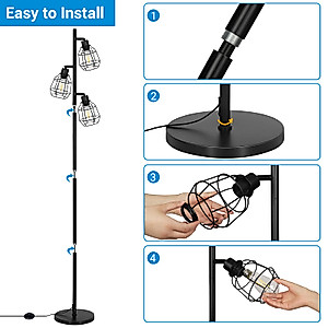 EDISHINE Industrial Floor Lamp for Living Room, Farmhouse 3-Light Tree Standing Lamp with 3 LED Bulbs & Adjustable Rotation Heads, Tall Vintage Pole Light for Bedroom, Reading Room, Office, Hotel