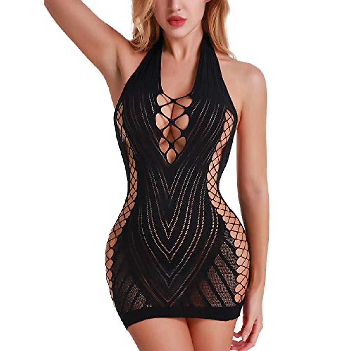 FasiCat Women Fishnet Babydoll Lingerie Chemise Halter Nightwear Mini Teddy Dress Black