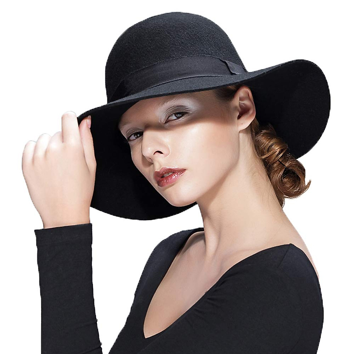 Anycosy Wool Floppy Hat for Women Wide Brim Felt Fedora Hats Cloche Bowler Cap(Black)