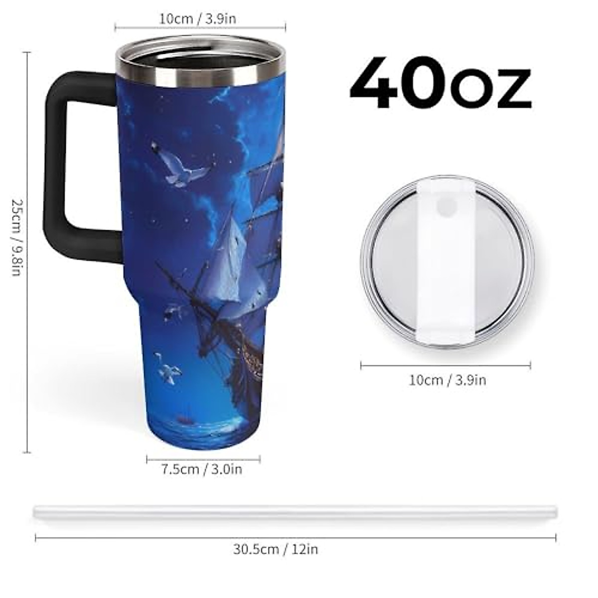 Steamship Moon Tumbler with Handle Travel Mug Water Bottle Tea Coffee Cup Black-style