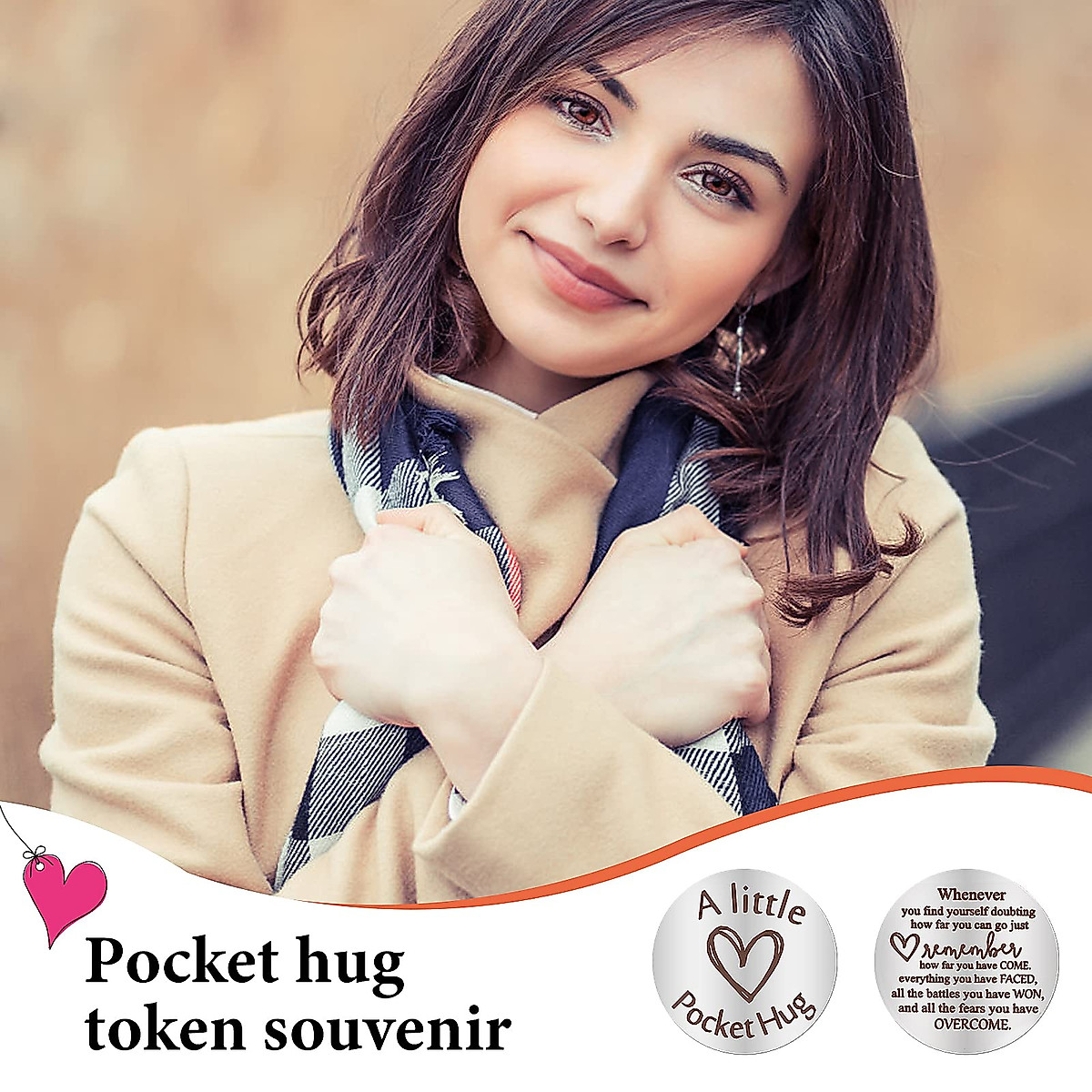 cobee Pocket Hug Token, Encouragement Long Distance Relationship Keepsake Stainless Stell Double Sided Inspirational Pocket Hug Token Gift with Leather Keychains for Family, Friends, Lovers(Style-A)