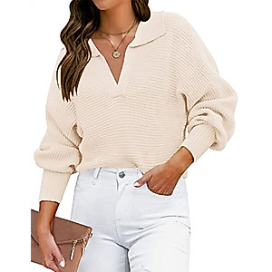 ZESICA Women's 2023 Fall Lapel Collar V Neck Long Sleeve Ribbed Knit Comfy Loose Casual Pullover Sweater Jumper Top,Beige,Medium