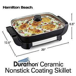 Hamilton Beach Durathon Ceramic Electric Skillet with Removable 12x15” Pan, Adjustable Temperature, Reversible Design, Tempered Glass Lid (38529K)