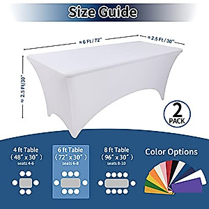 PureFit Spandex White Table Covers 6ft Fitted Table Clothes for 6 Foot Rectangle Tables, Elastic Massage Table Cover, Stretch Wrinkle Free Tablecloth for Party, Wedding, Banquet, Vendor Stand, 2 Pack