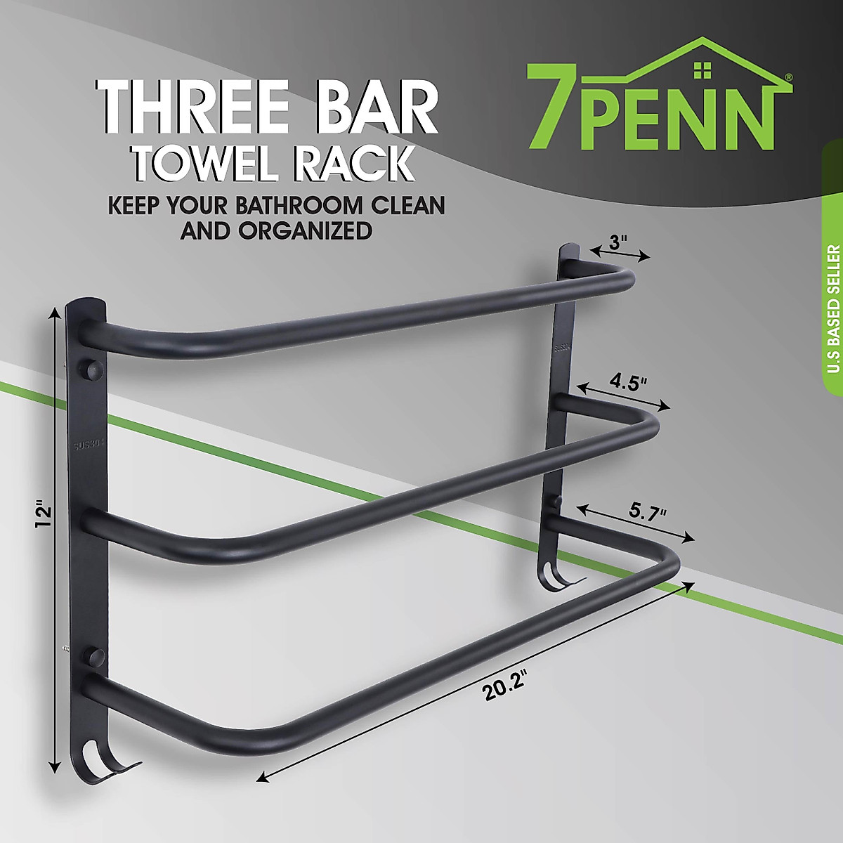 7Penn Bath Towel Bar - Stainless Steel Matte Black 3-Tiered Ladder Wall Mounted Bathroom Towel Rack with Hanging Hooks
