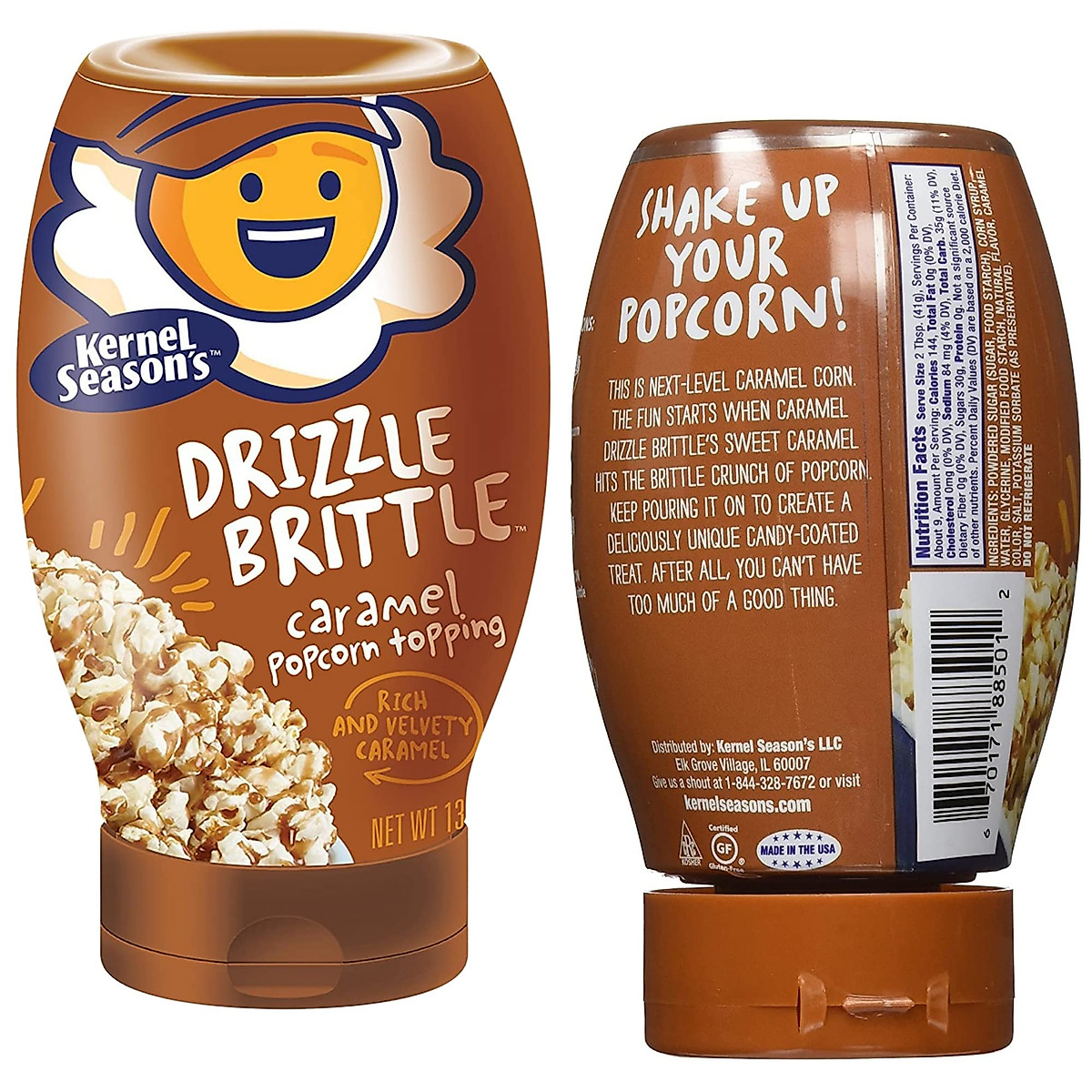 Popcorn Drizzle Sauce Bundle. Includes Two-13.1 Oz Kernel Seasons Drizzle Brittle Popcorn Topping. One Each Flavor: Caramel Drizzle and Chocolate Drizzle. Comes With a BELLATAVO Fridge Magnet!