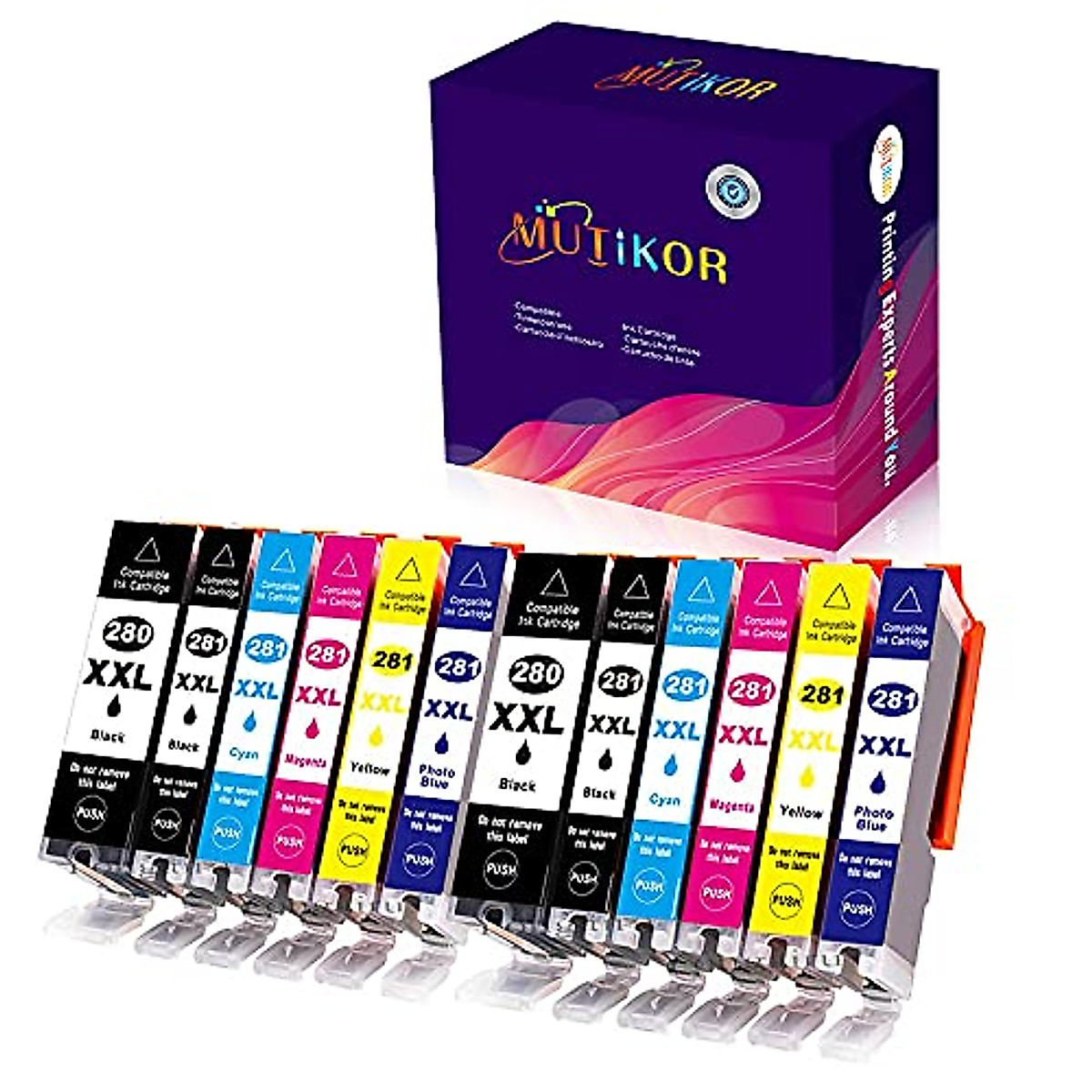 Mutikor Compatible Ink Cartridge Replacement for Canon 280 281 XXL PGI-280 CLI-281 Use with Canon PIXMA TS9120 TS8120 TS8220 TS8320 (2PGBK 2BK 2C 2M 2Y 2PB) 12 Pack