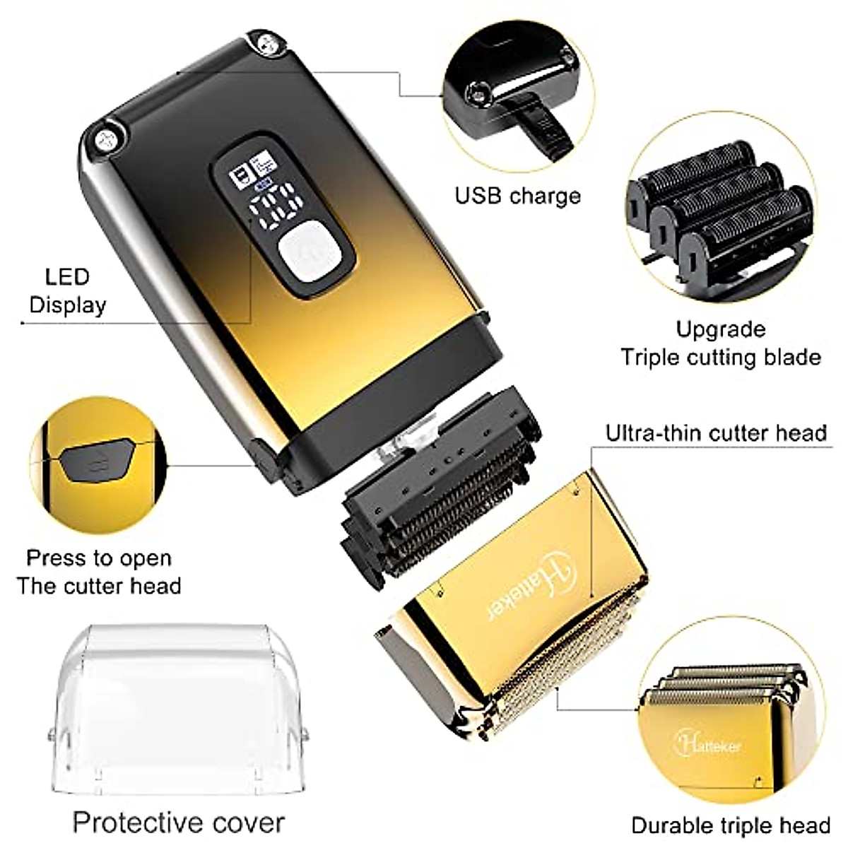 Hatteker Shaver Bald Head Shaver Electric Shaver Razor for Men with Precision Trimmer Barber Shaver Trimmer Triple Blades Waterproof Cordless, 1 Count