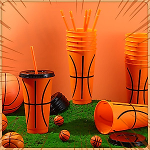 Domensi 24 Pcs Christmas Plastic Tumbler with Lid and Straw 24 oz Reusable Cups Party Favors Coffee Mug Plastic Drinking Cups for Kid Adult Themed Birthday Party Favor Xmas Gifts(Basketball)