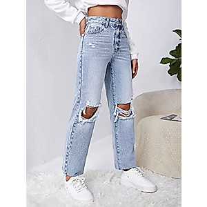 SweatyRocks Women's High Waist Ripped Distressed Cropped Jeans Straight Leg Denim Pants Light Wash L