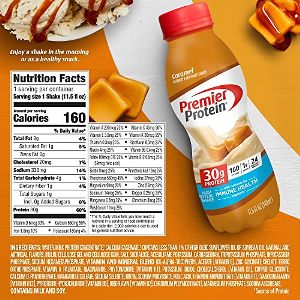 Premier Protein Shake, Caramel, 30g Protein, 1g Sugar, 24 Vitamins & Minerals, Nutrients to Support Immune Health, 11.5 fl oz