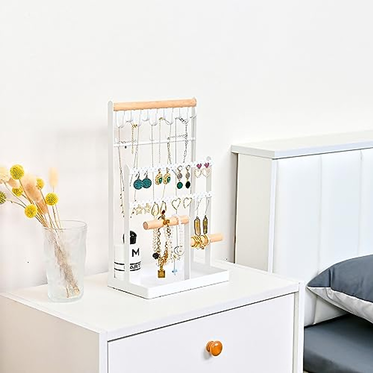 Lolalet Jewelry Holder Organizer Necklace Stand, 6 Tier Jewelry Rack Necklace Holder with 15 Hooks and Bottom Tray, Jewelry Tower Display Storage Tree for Bracelets Earrings Rings -White