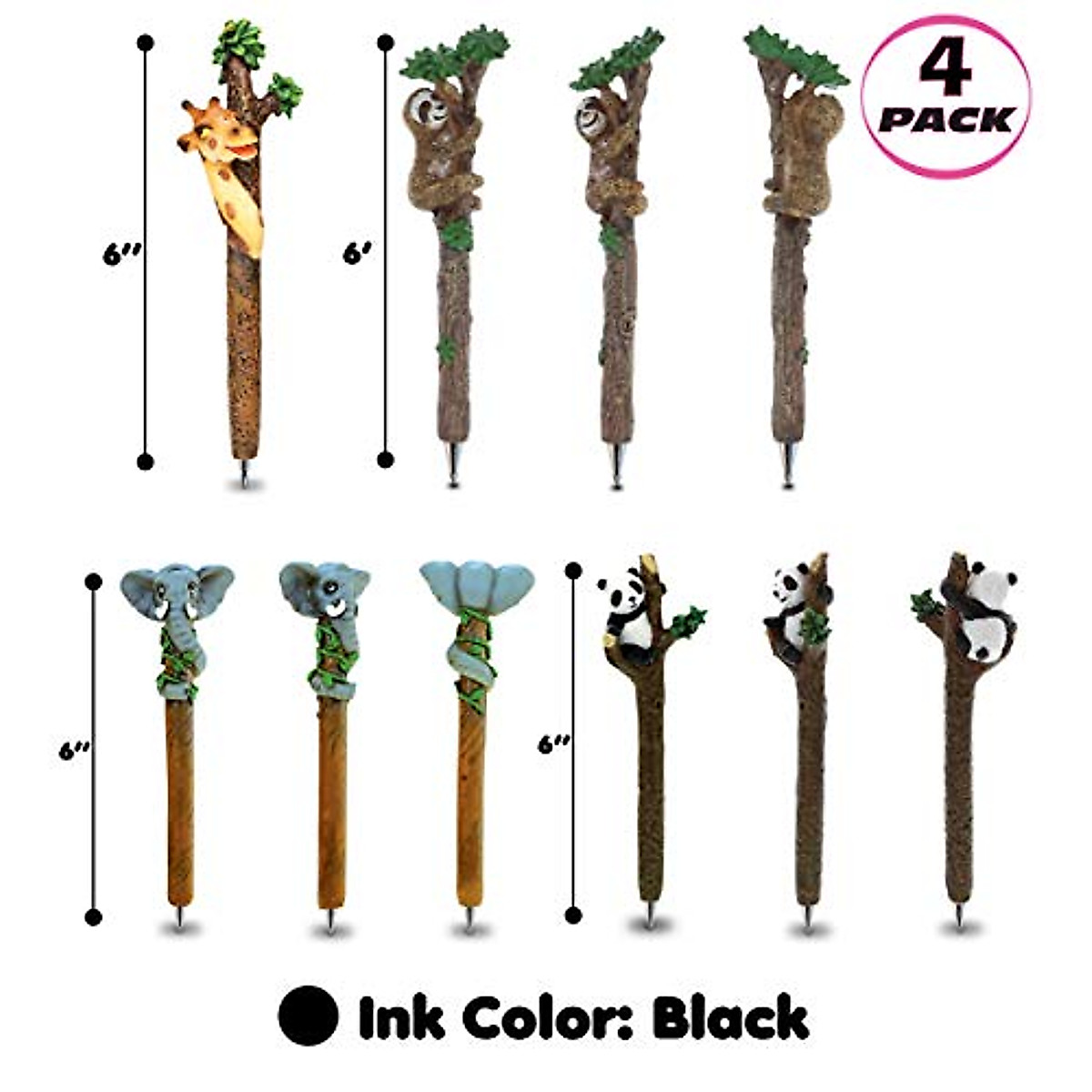 Planet Pens Bundle of Cute Giraffe, Elephant, Panda, & Sloth Novelty Pens - Ballpoint Pens Colorful Zoo Animals Writing Pens Instrument For School & Office - 4 Pack