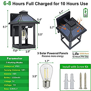 Kuniwa 2 Pack Solar Wall Lantern Lights Outdoor Dusk to Dawn Motion Sensor Waterproof LED Wall Sconce Exterior Porch Light Fixtures Warm White, 3 Lighting Modes for Fence Patio Garage Garden Yard