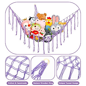Boho Stuffed Animals Net or Hammock Large,55 inch Toy Hammock Macrame Stuff Animal Storage Corner Hanging Net Holder,Mesh Hammock Plush Toy Organizer with Hooks for Bedroom,Nursery (Purple)