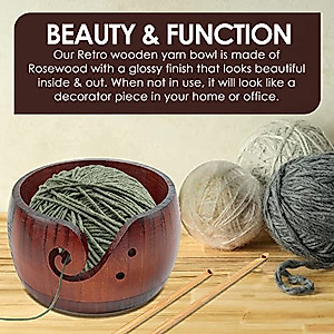 CraftGoals Retro Wooden Yarn Bowl Holder Round Lid, Handmade Storage with Carved Holes 2 Bamboo Crochet & Travel Bag Accessories for Knitting, Crocheting, Crafts, Home Decor Sewing-15x8cm, Brown