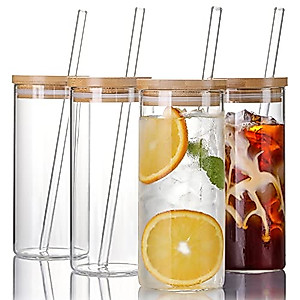 4 Set 20 OZ Drinking Glasses with Bamboo Lids and Straws, Borosilicate Glass Tumbler Cups - Tall Clear Iced Coffee Cups for Smoothie, Water, Juice, Coffee Bar Accessories - Cute Gifts, Reusable