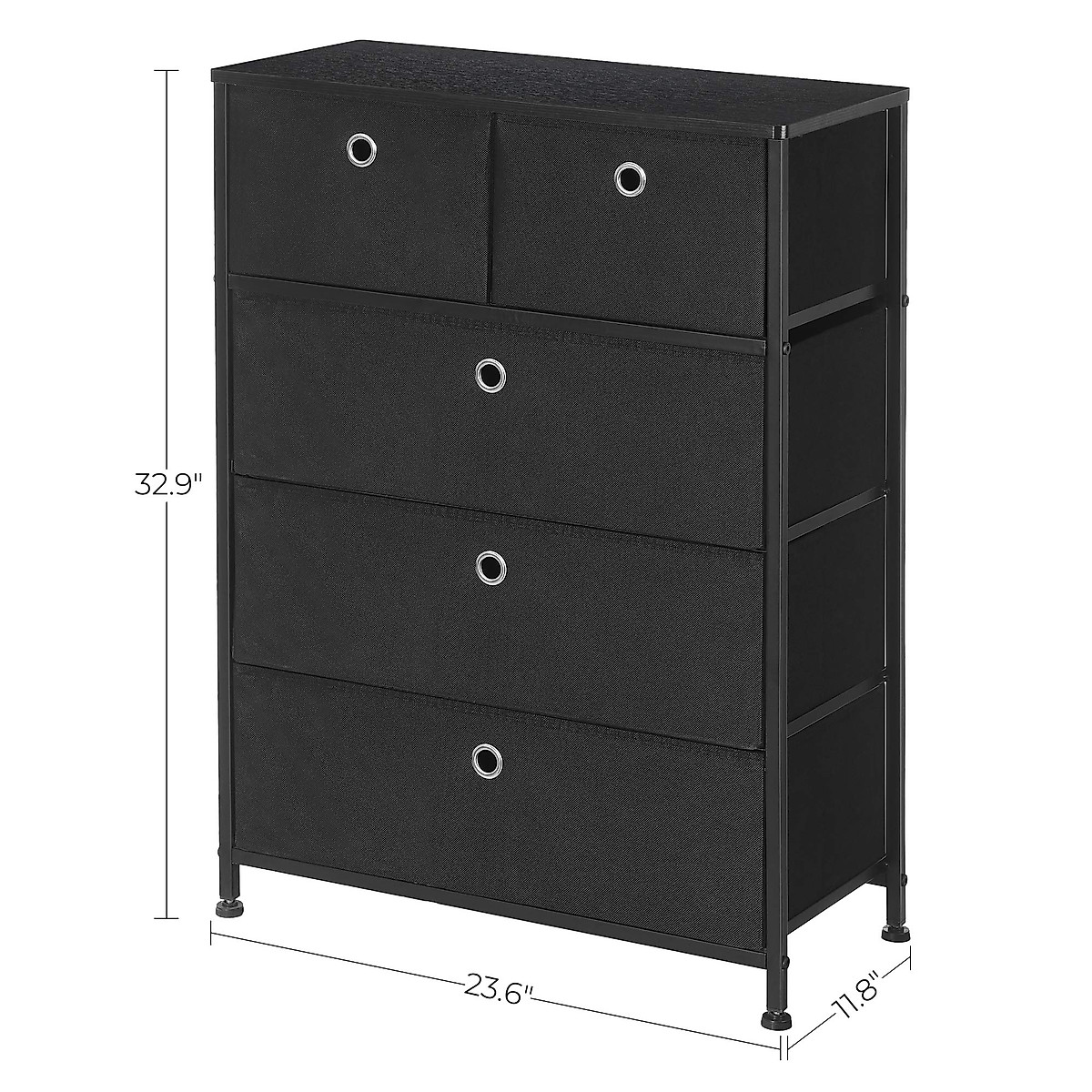 SONGMICS Storage Chest Dresser 5 Fabric Drawers Closet Apartment Dorm Nursery, 23.6 x 11.8 x 32.9 Inches, Black