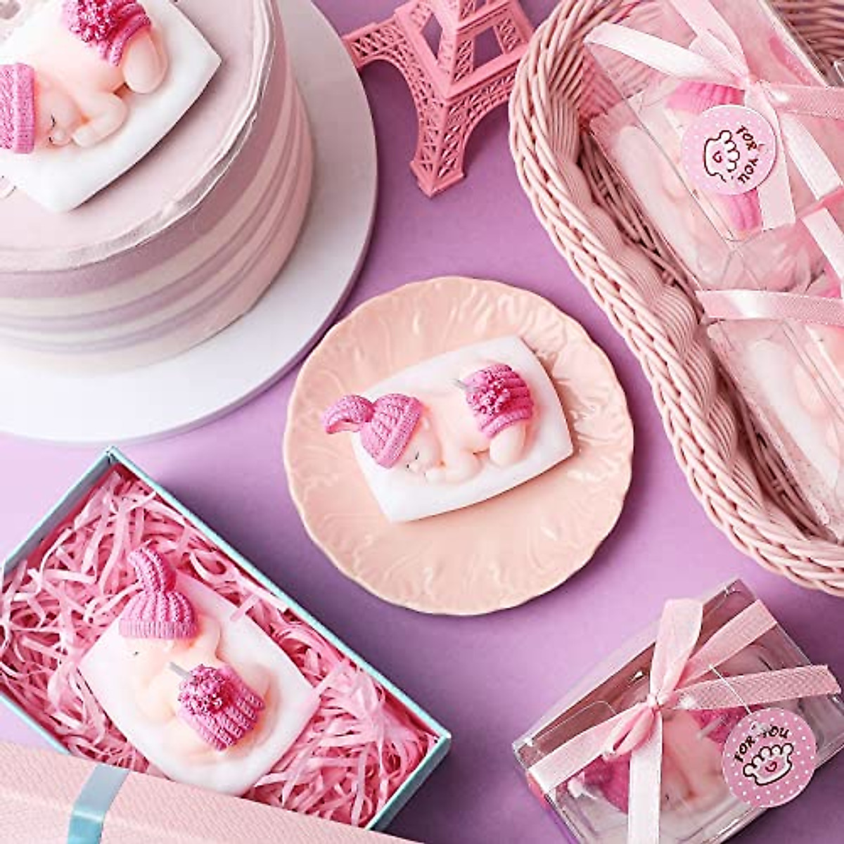 8 Pack Sleeping Baby Cake Topper Candle Pink Blue Baby Shower Candles Baby Shower Favors Children's Birthday Handmade Cake Topper Candle Wedding Festival Party Favors Decorations(Pink)