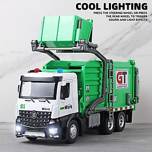 OANMYJJO Metal Diecast Garbage Truck - Friction Powered with Light & Sounds, Front Loader Dumpster, Boys Age 4-7