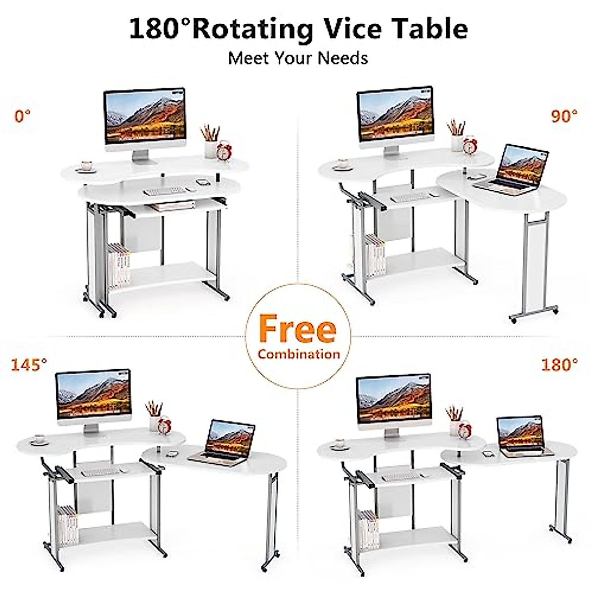 LITTLE TREE L-Shaped Computer Desk, Rotating Corner Desk & Modern Office Study Workstation, for Home Office or Living Room (White)