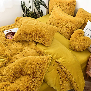 MorroMorn 5 PCS Shaggy Duvet Cover Bedding Set - Fluffy Comforter Cover Long Faux Fur Luxury Ultra Soft Cozy (Mustard Yellow, King/California King)