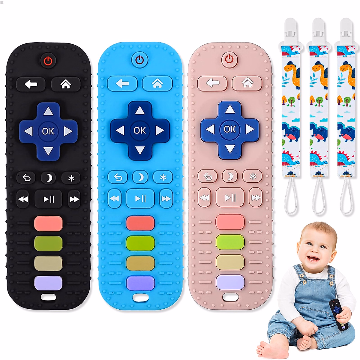 Jkevow 3 Pack Baby Teething Toys, Silicone Teethers Toys for Babies 0-24 Months, Remote Control Shape Baby Teethers Chew Toys, BPA Free Freezable Relief Molars Gums Pain (Black+Blue+Pink)