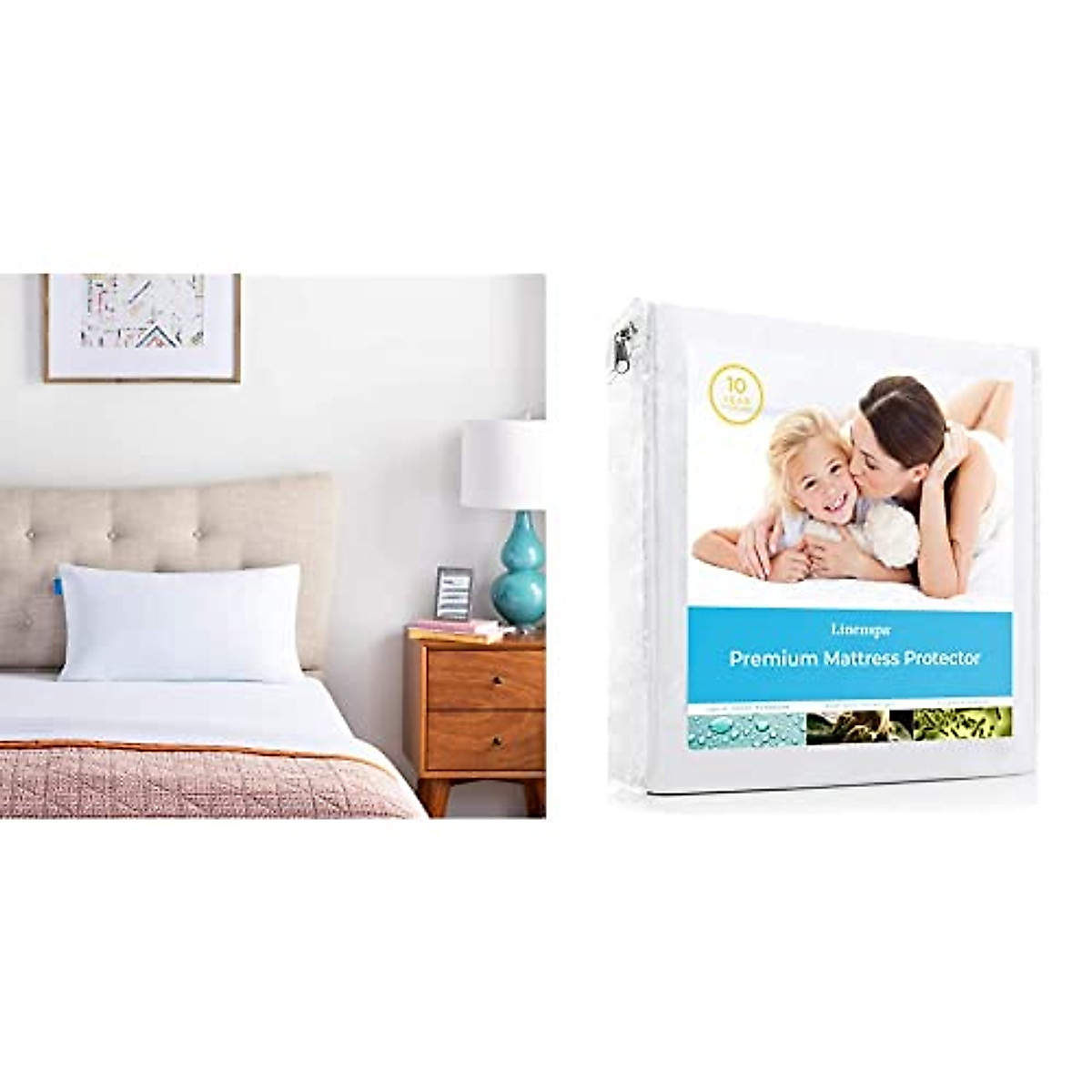 Linenspa Shredded Memory Foam Pillow with Gel Memory Foam, Standard, White & Smooth Top Premium Twin Mattress Protector Waterproof, Top Protection Only, Twin Waterproof Mattress Covers, White