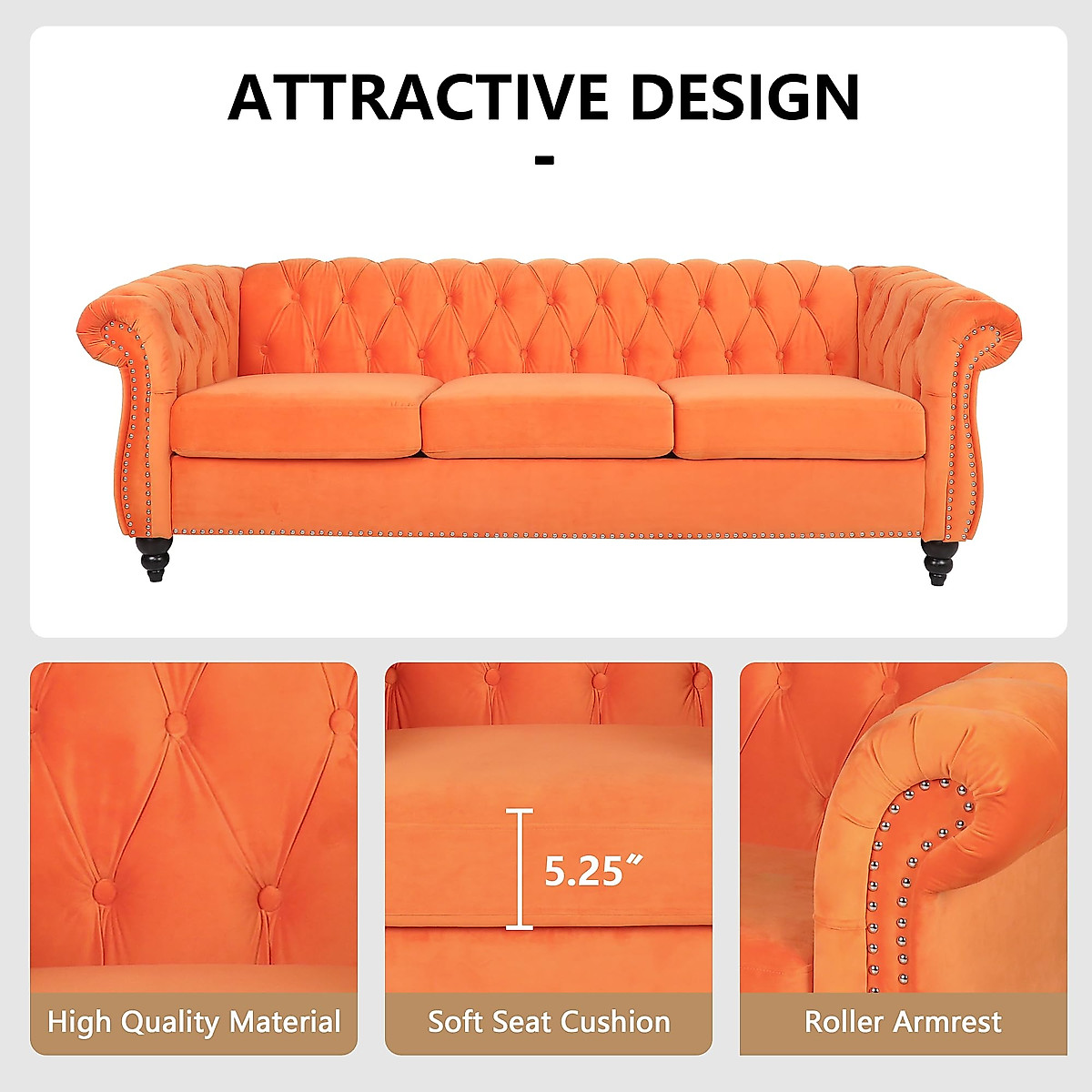 affeivul Tufted Velvet Sofas para Sala, Comfy Big Wide Deep Living Room Couch with Armrest, Mid Century Modern Sofa Couch for Bedroom,Office (Orange Velvet Couch, 3 Seater)